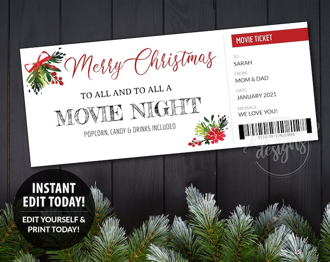 Editable Gift Certificate, Movie Night Printable Gift Certificate ...