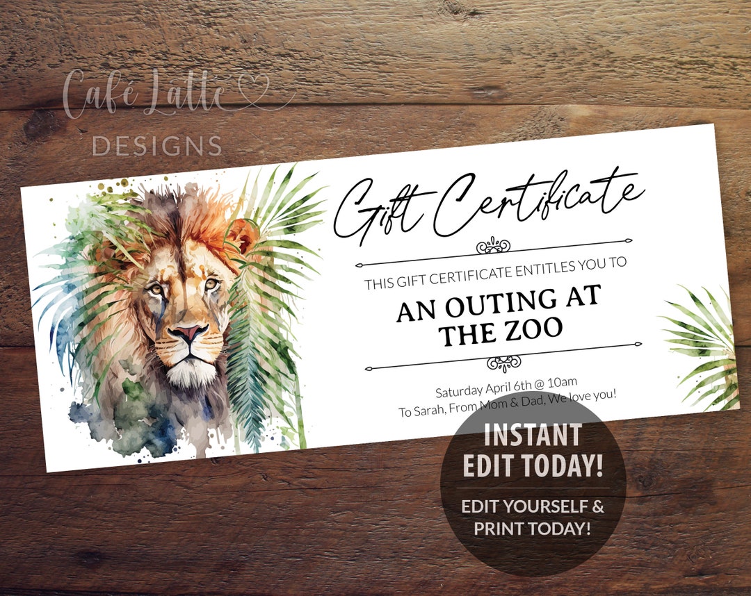 Zoo Gift Certificate Editable Digital Template, Printable Personalized ...