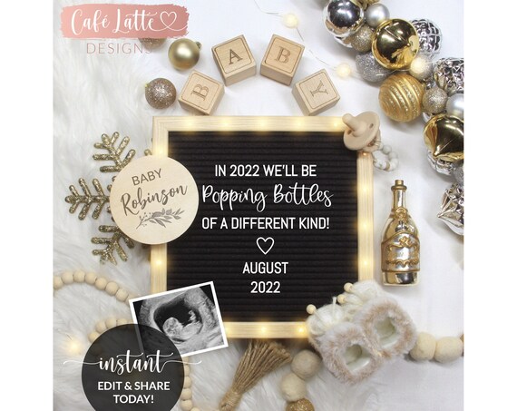 Editable New Years Pregnancy Announcement Social Media Popping Bottles 