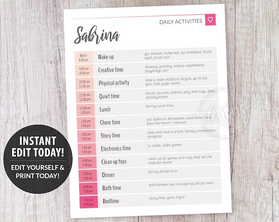 Editable Daily Planner, Chore Chart Pink Girls Teens, Kids ...