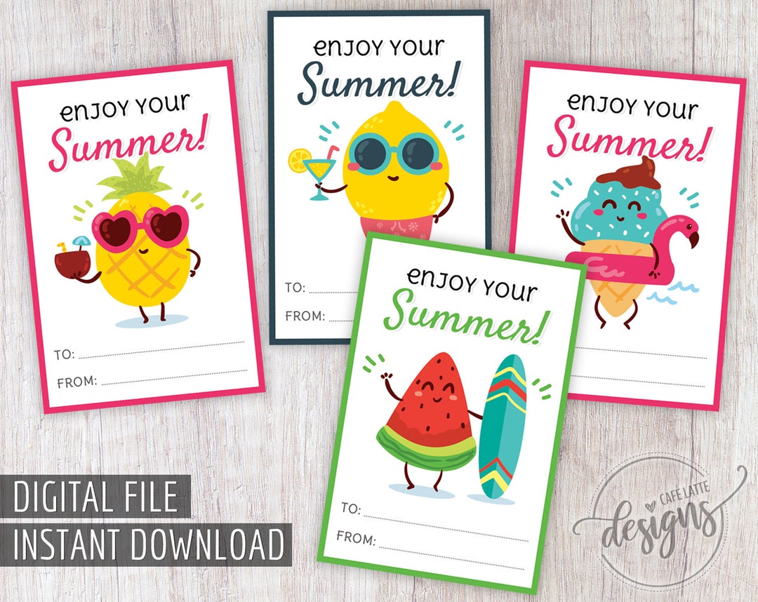 Enjoy Summer Kids Cards, End of School Gift Favor Tags, Printable Cards ...