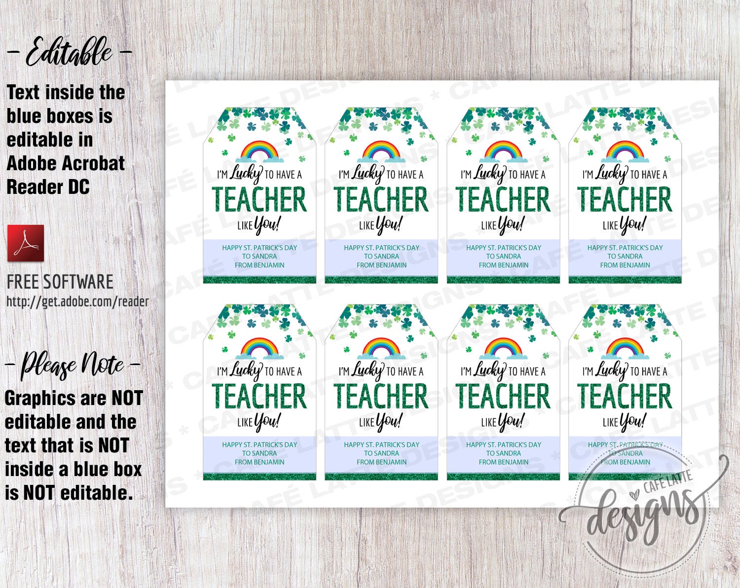 Teacher St. Patricks Day Printable Gift Tags, Editable Personalized ...
