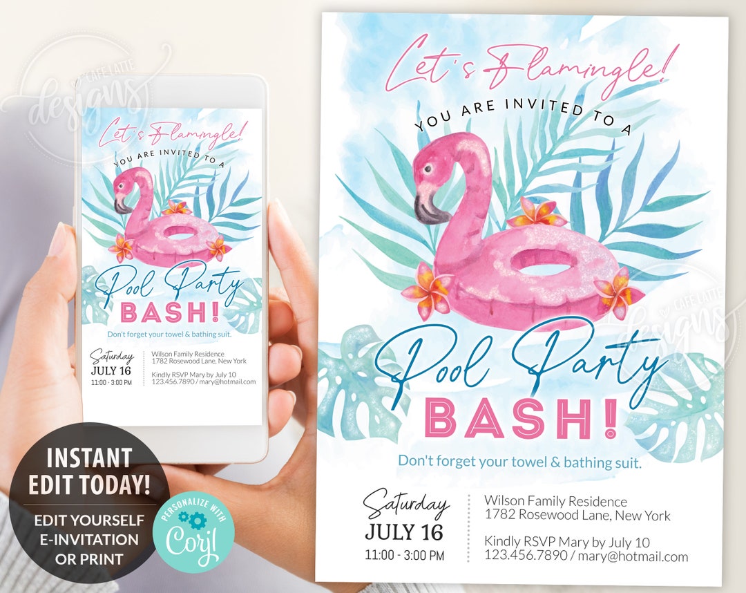 Pool Party Flamingo Invitation Editable Template, Printable Pool Party ...