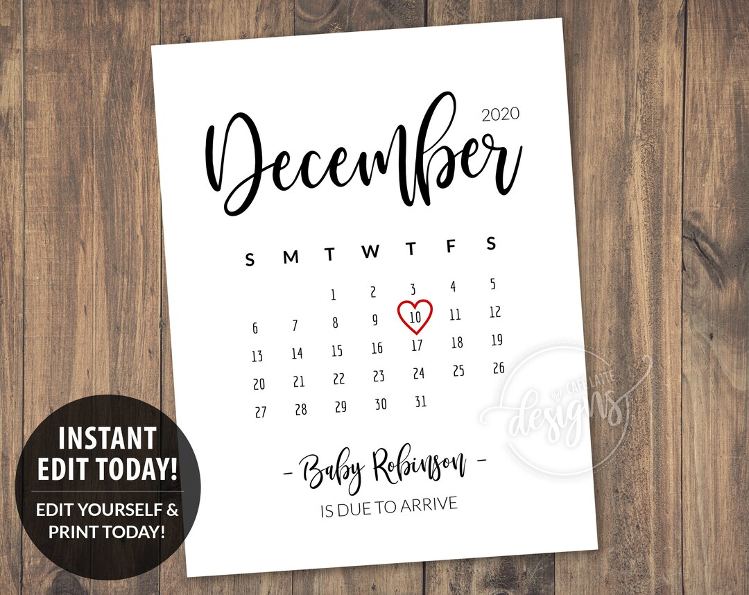 DECEMBER Due Date Calendar Printable, Baby Pregnancy Announcement ...