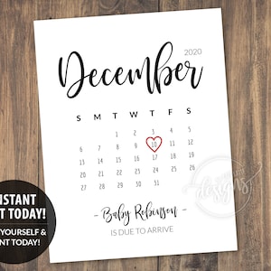 DECEMBER Due Date Calendar Printable, Baby Pregnancy Announcement ...