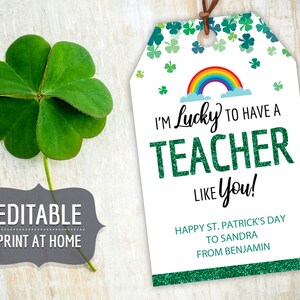 Teacher St. Patricks Day Printable Gift Tags, Editable Personalized ...