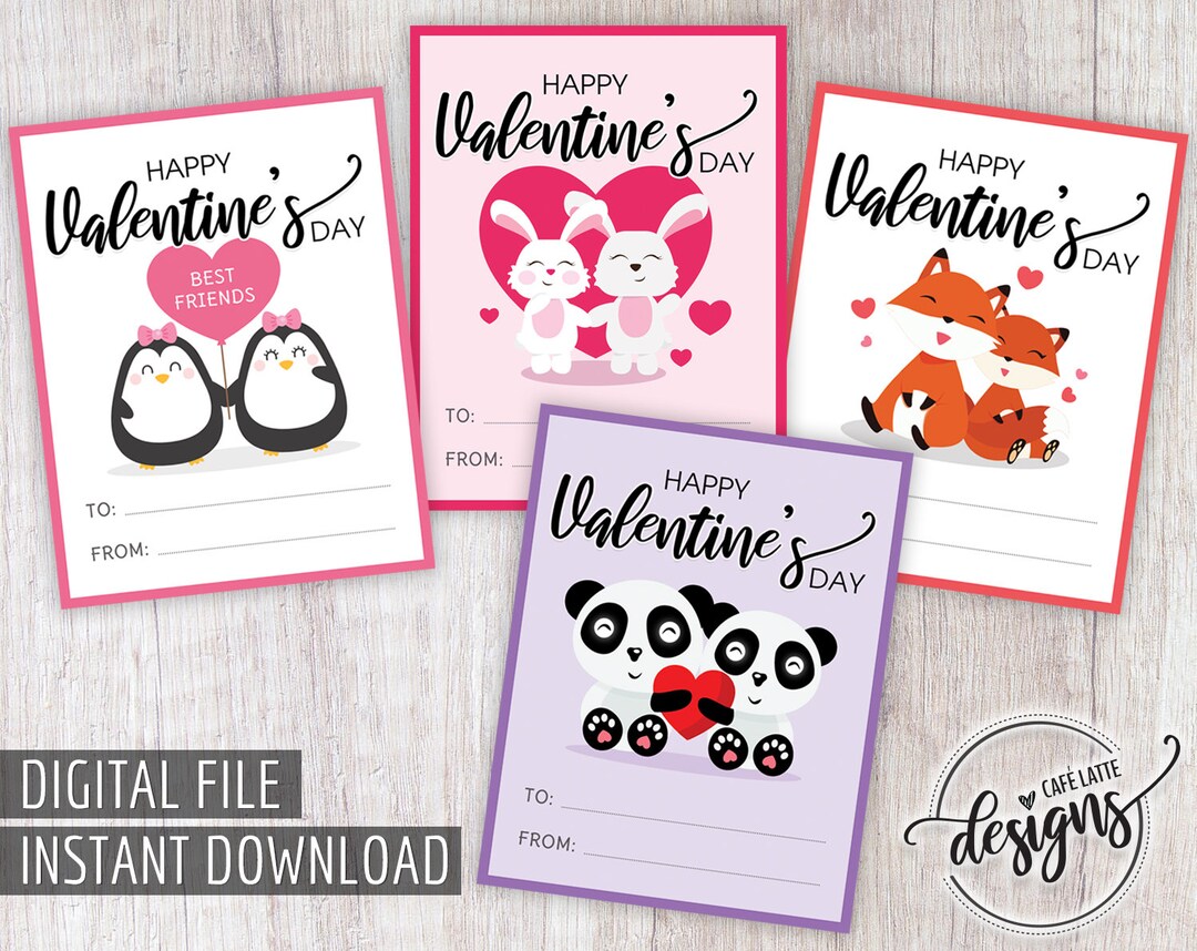 Kids Valentine's Day Cards Printable Cute Animal - Etsy