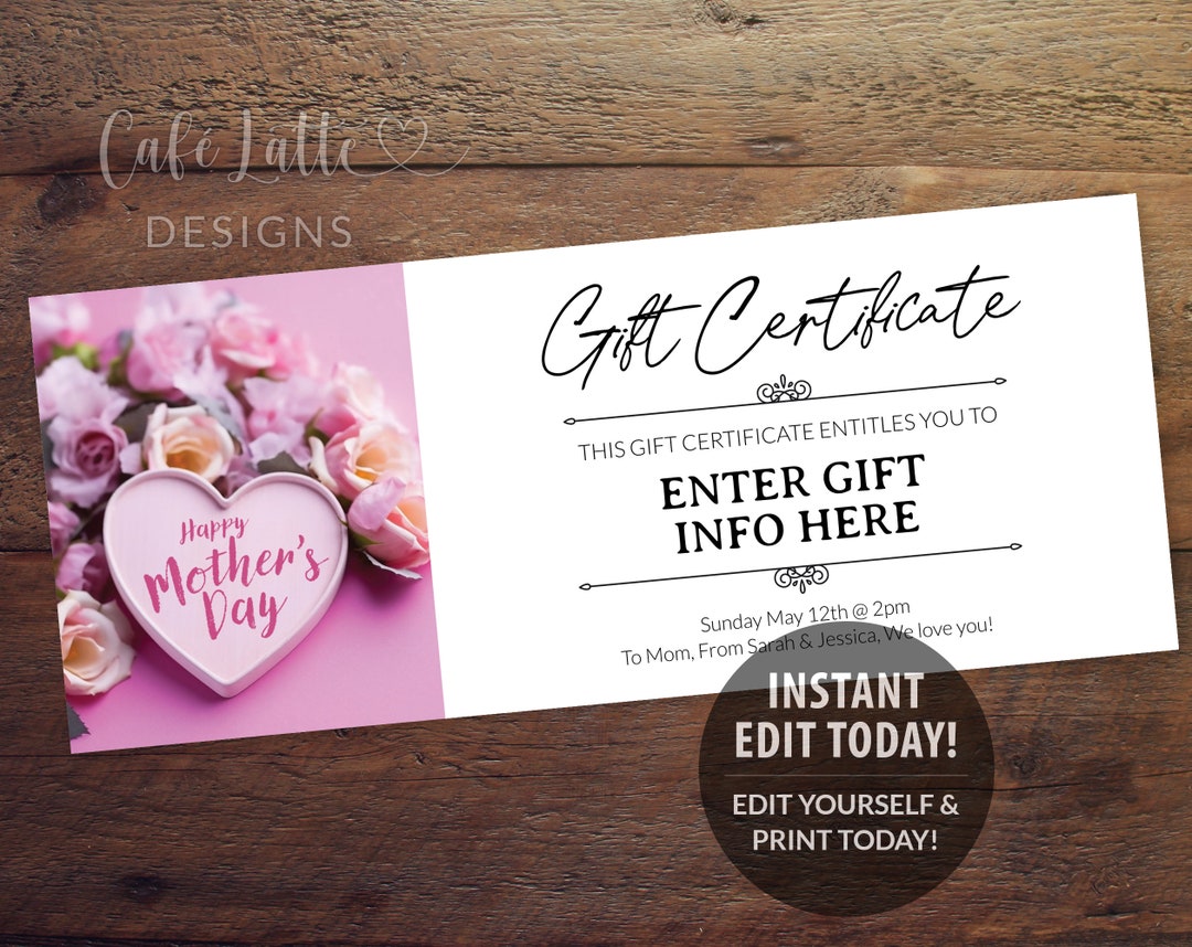 Mothers Day Gift Certificate Editable Digital Template, Printable ...