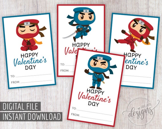 Valentine's Ninja Kids Cards, Valentine's Gift Favor Tags, Printable ...