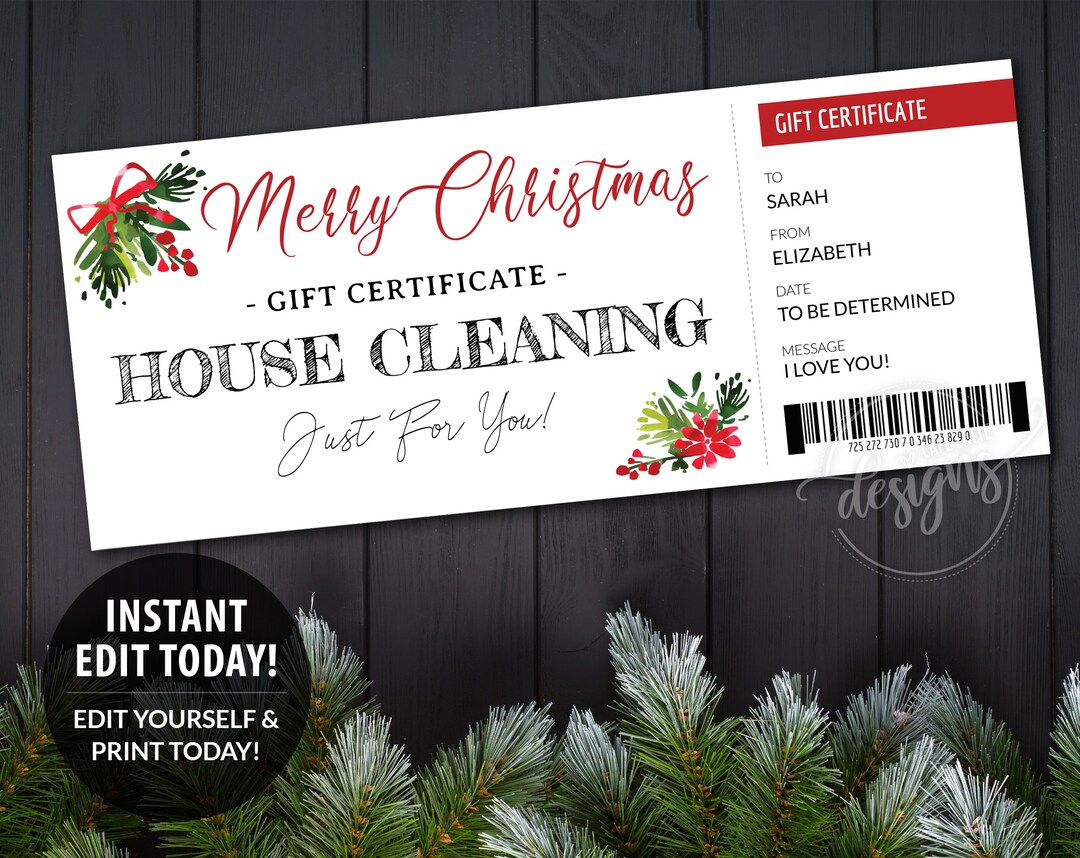 Christmas House Cleaning Gift Certificate Editable Printable Template ...