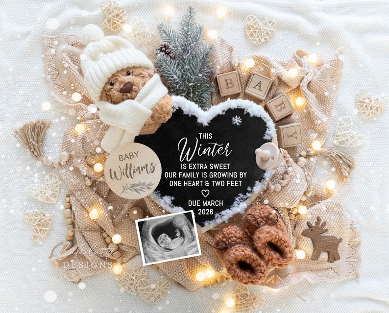 Winter Pregnancy Reveal Digital, Baby Announcement, Neutral Boho ...