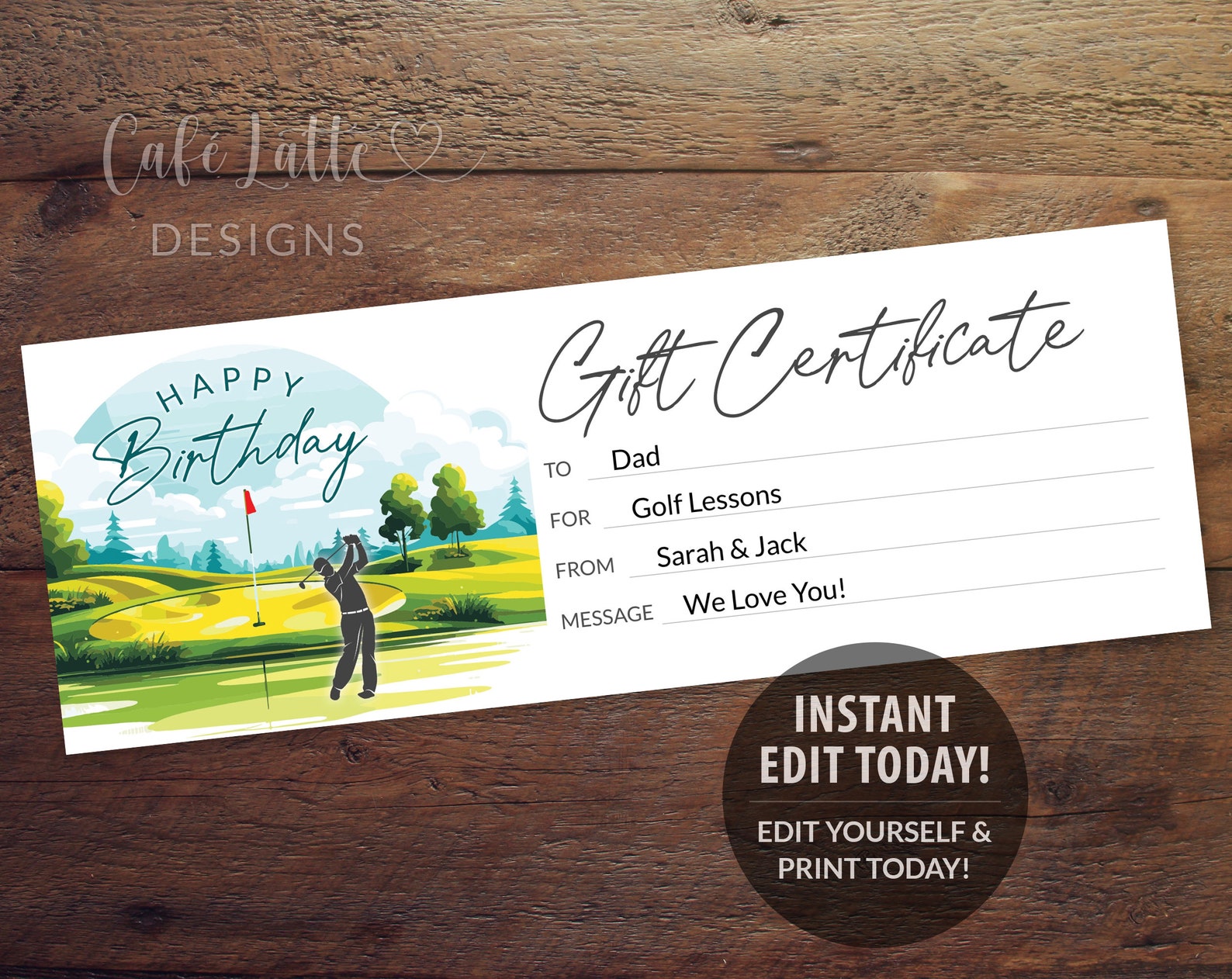 Golf Gift Certificate Editable Template, Birthday Golf Gift Coupon for ...