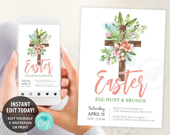 EASTER Cross Egg Hunt Invitation Editable Printable, Easter Religious ...