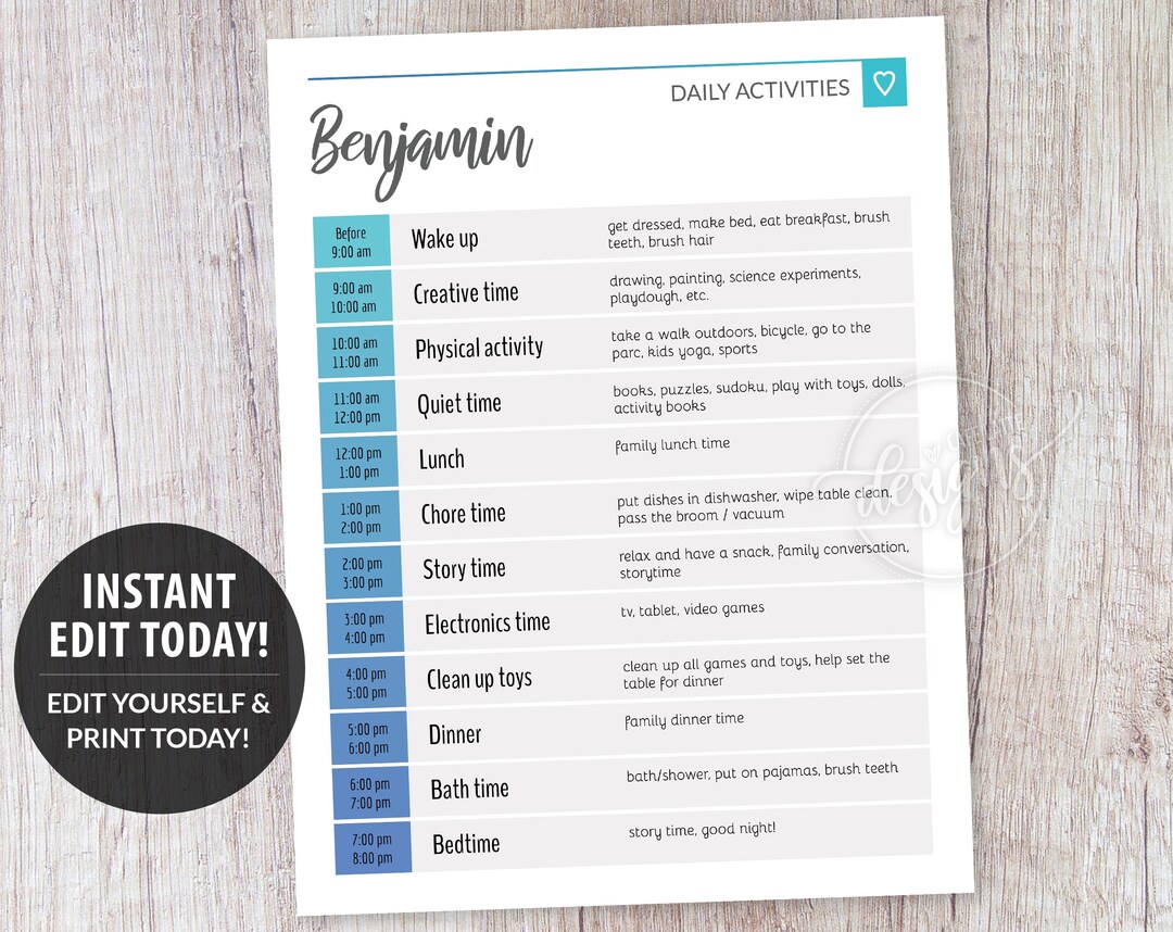 Editable Daily Planner, Chore Chart Blue Boys Teens, Kids ...