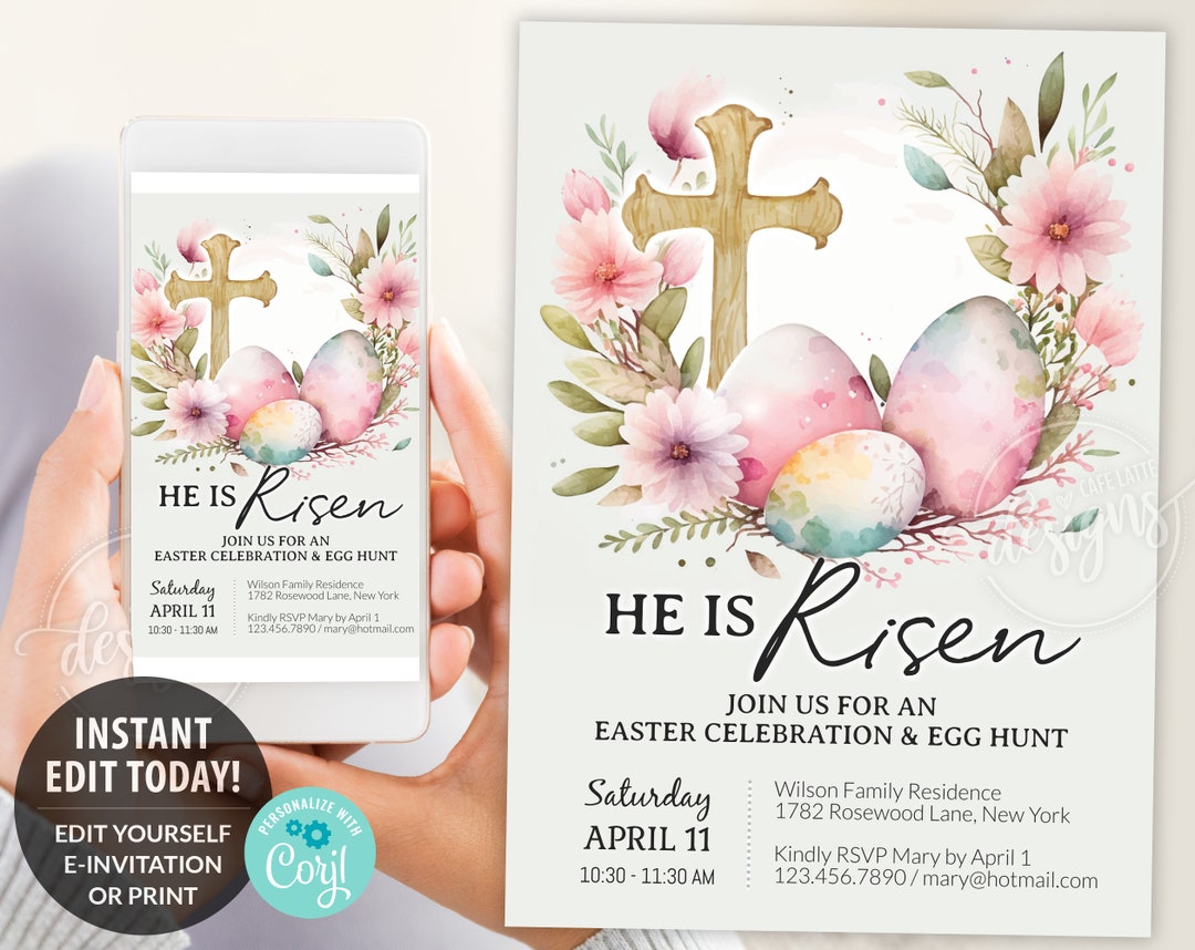 He is Risen Easter Cross Invitation Editable Printable, Religious Party ...