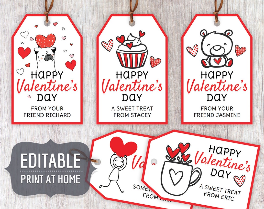 Valentine's Kids Editable Gift Tags, Valentines Day Personalized Gift ...