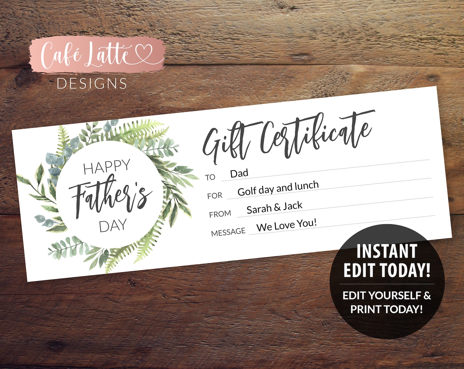 FATHERS DAY Gift Certificate Printable Editable Template - Etsy