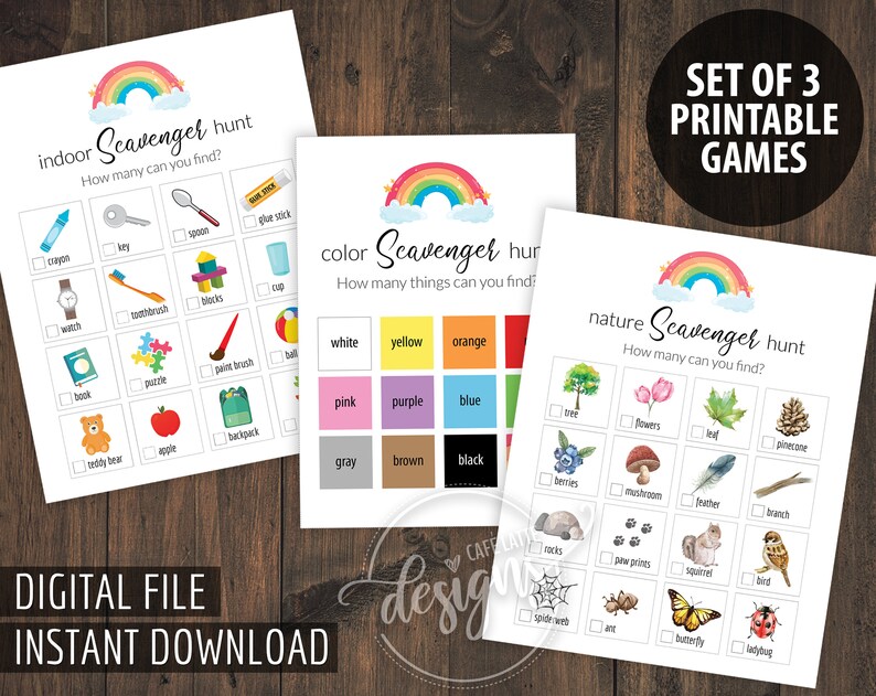 Kids Scavenger Hunt Printable Set of 3 Colors Nature Indoor | Etsy