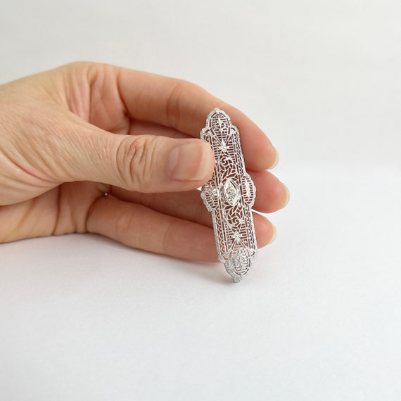 Antique Art Deco Diamond Filigree Long Brooch Pin 14K… - Gem