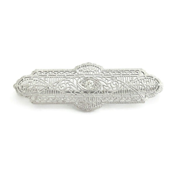 Antique Art Deco Diamond Filigree Long Brooch Pin 14K… - Gem