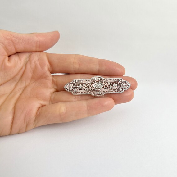 Antique Art Deco Diamond Filigree Long Brooch Pin 14K… - Gem