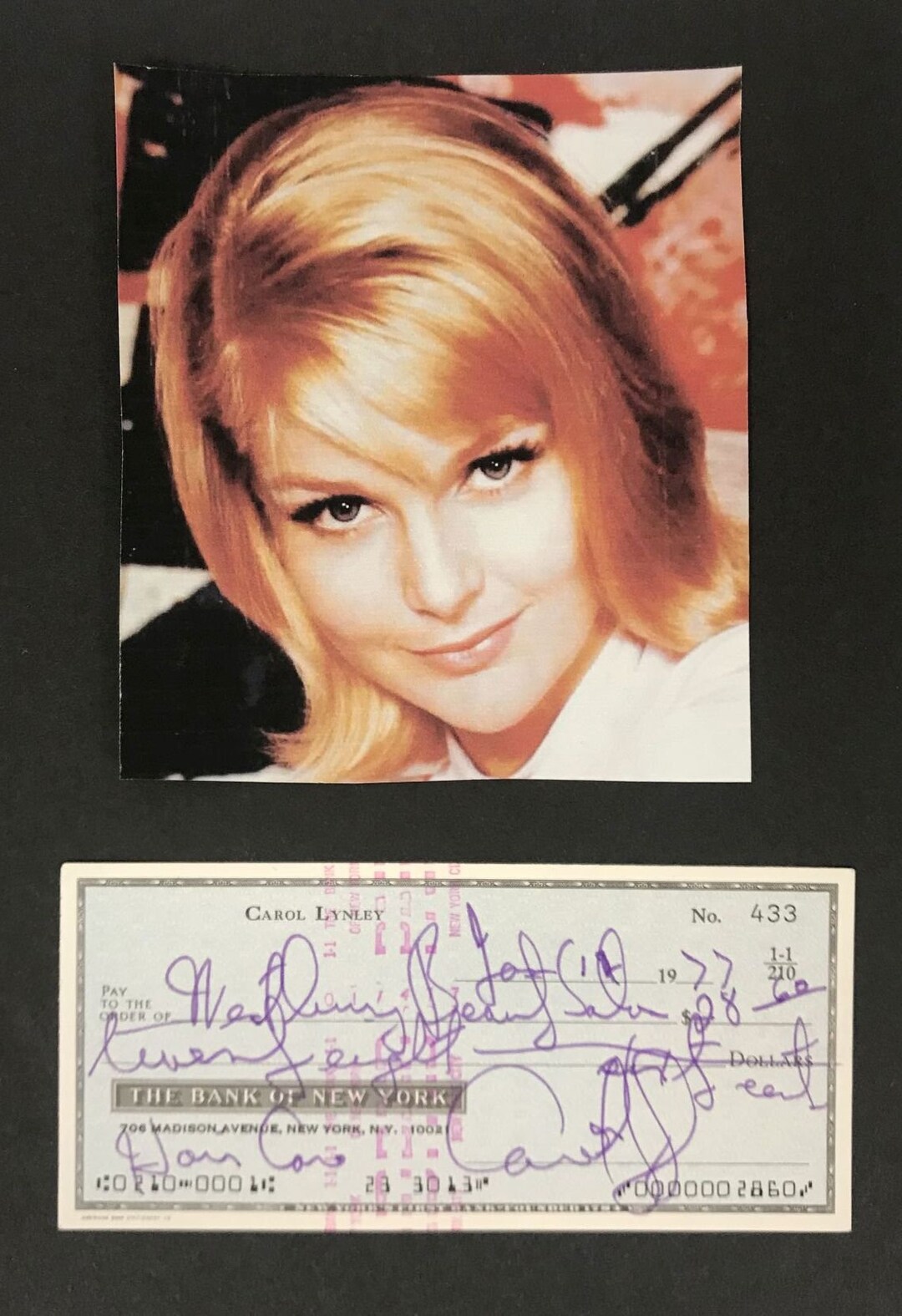 Carol Lynley d. 2019 Autographed Personal Check 8.5x11 Signature ... Carol Lynley d. 2019 Autographed Personal Check 8.5x11 Signature ...