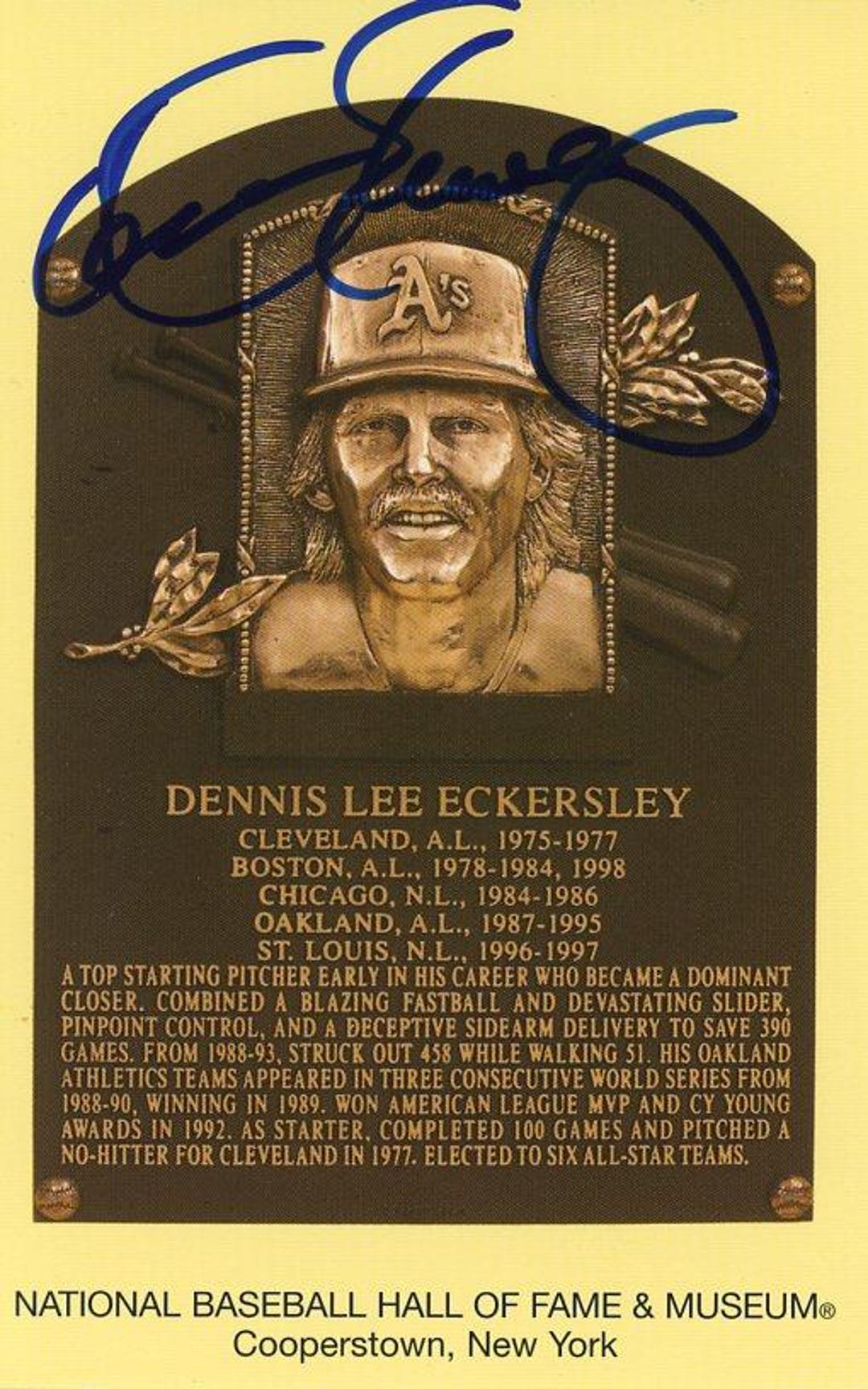 Dennis Eckersley Signed Autographed Hall of Fame Plaque Postcard ...