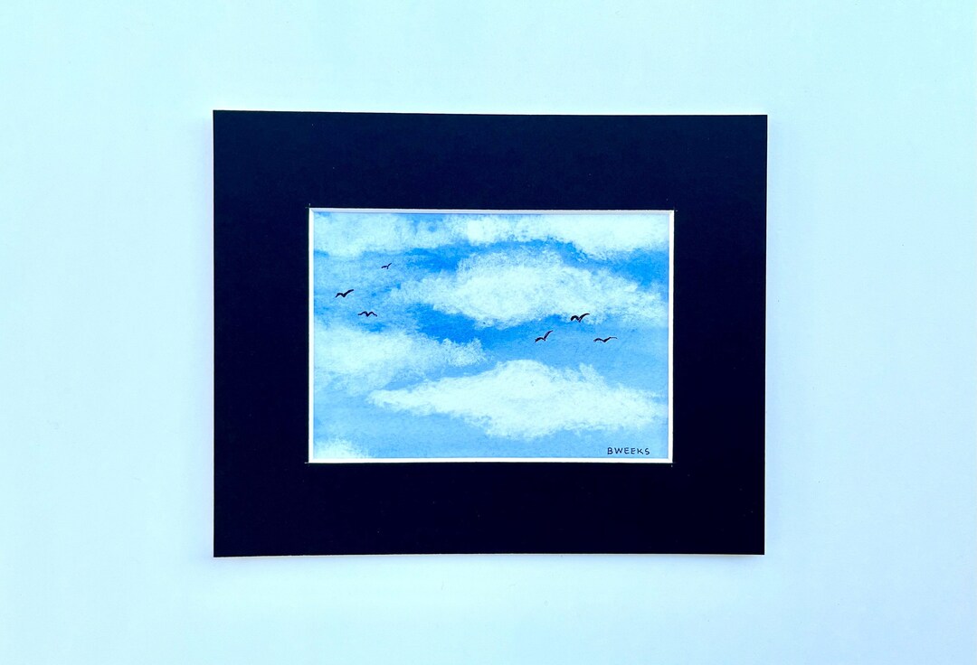 Blue Sky With White Clouds and Birds | Matted Artwork | Original ...