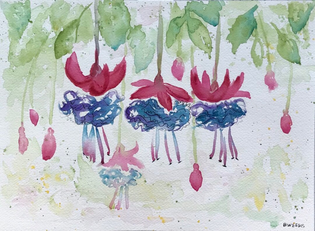 Fuchsia Flowers | Watercolor Artwork | Original Painting | Sage Green ...