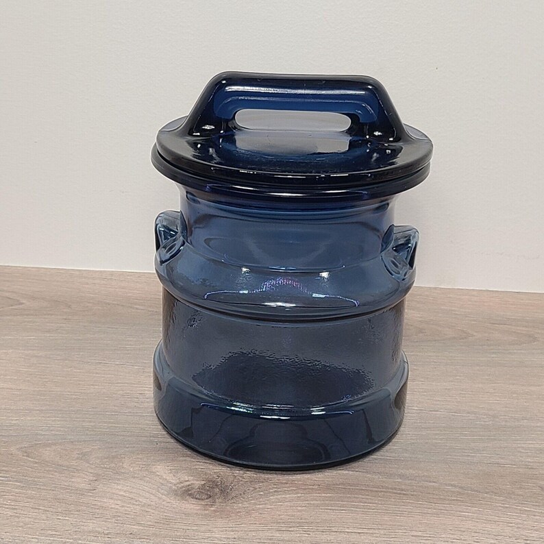 Vintage LE Smith Blue Glass Milk Can Canister Apothecary Jar With Lid ...