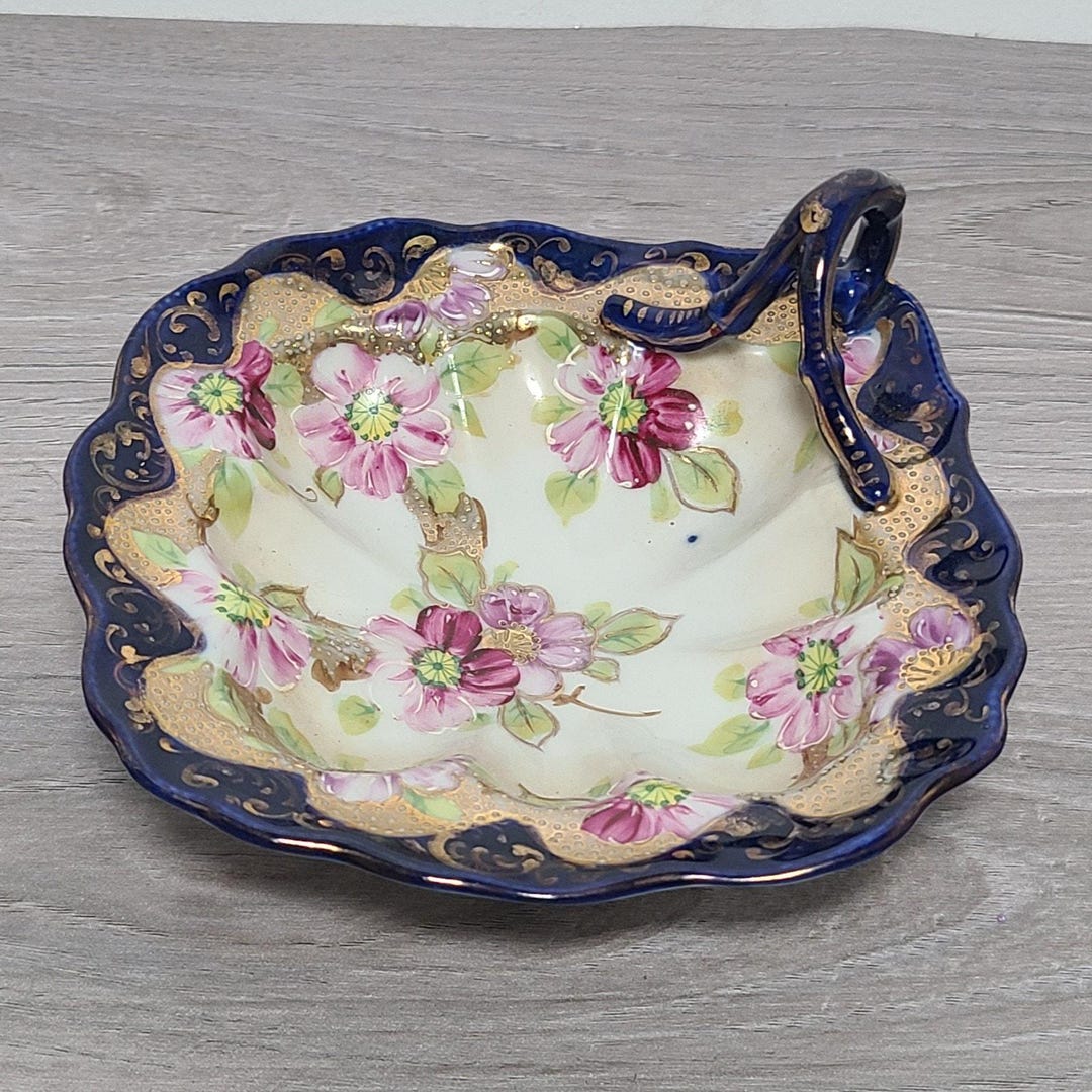 Vintage Porcelain Hand Painted Pink Floral Nappy Dish Blue Gold Trim ...