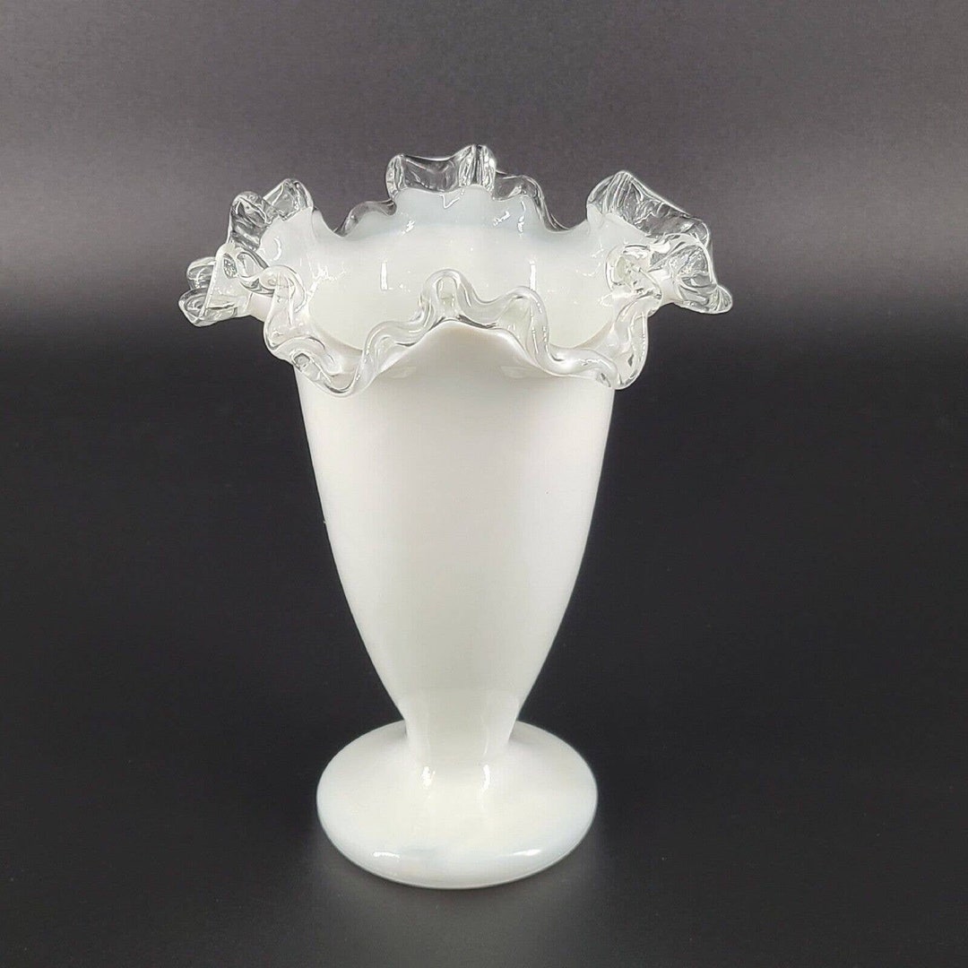 Fenton White Silver Crest Ruffled Edge Glass Vase - Etsy