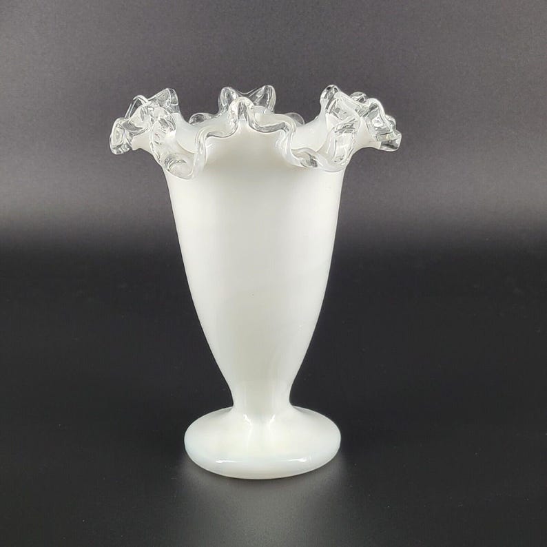 Fenton White Silver Crest Ruffled Edge Glass Vase - Etsy