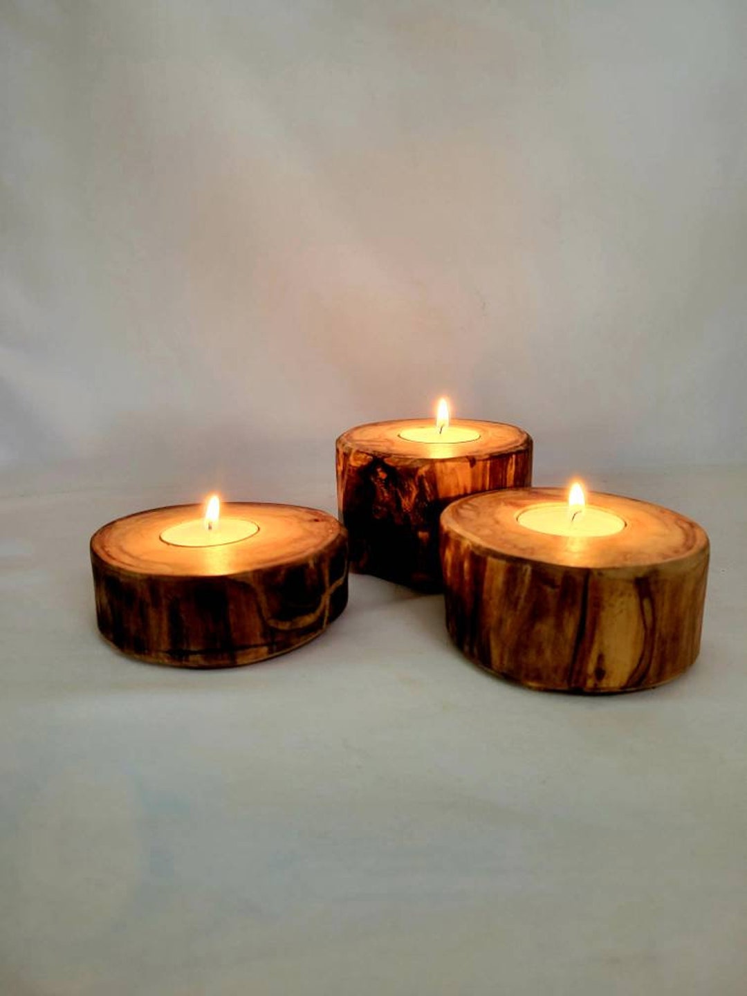 Rustic Tea Light Holder, Set of 3 With Tea Light Candles. Aspen Log ...