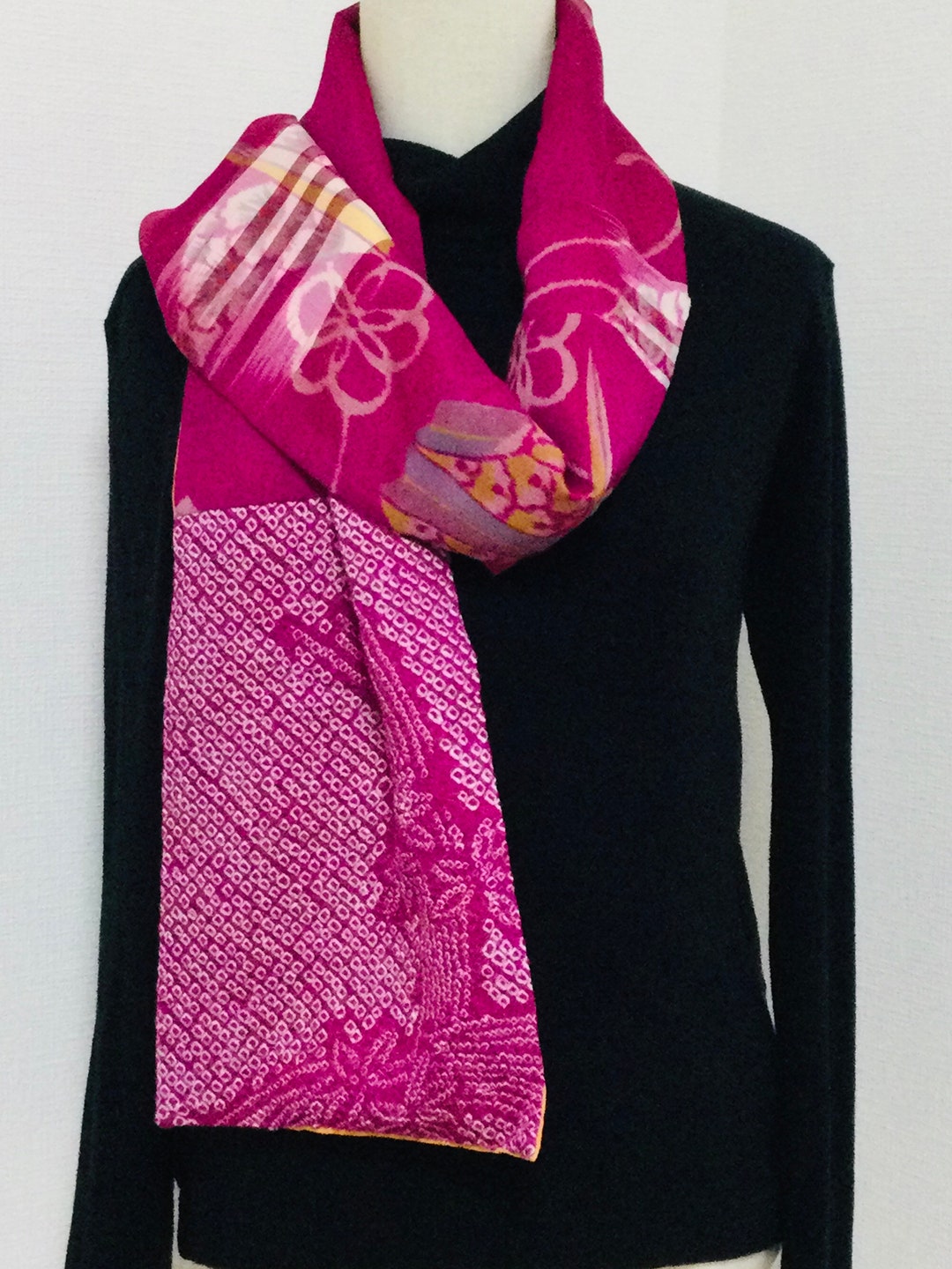 Japanese, Vintage Kimono, Shibori Pattern Kimono , Upcycle Kimono Scarf ...