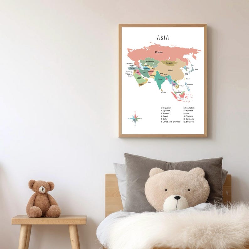 Asia Map Poster, Digital Asia Map Full Color With States Printable ...