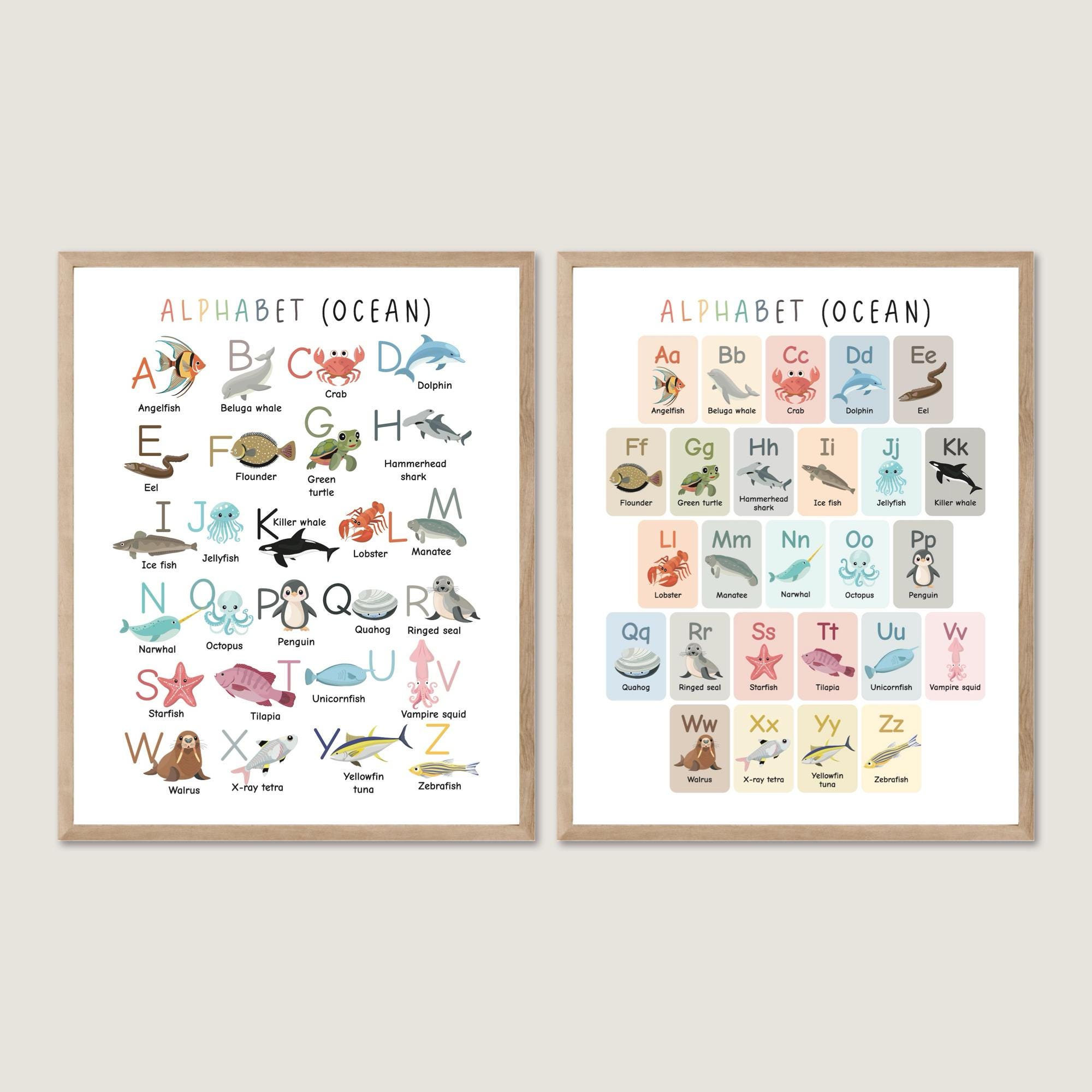 Ocean Animals Alphabet Poster, Cute Sea Life ABC Poster, Kids Wall Art ...