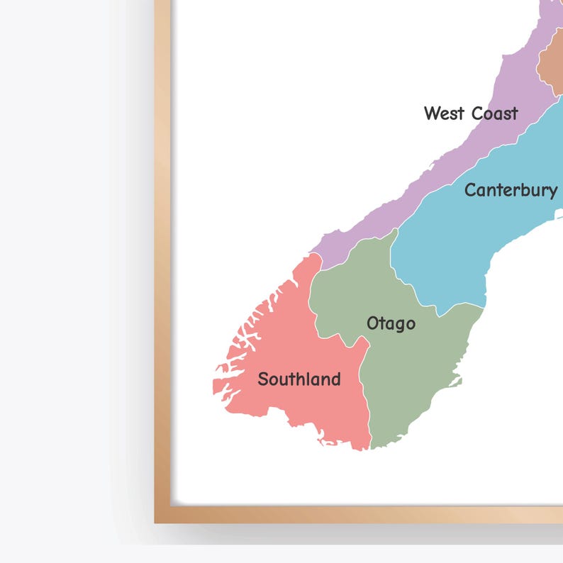 New Zealand Map With Regions, Colorful New Zealand Political Map Poster ...
