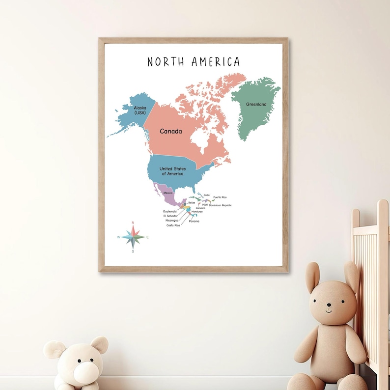 North America Map Poster, Digital North America Map Full Color With ...