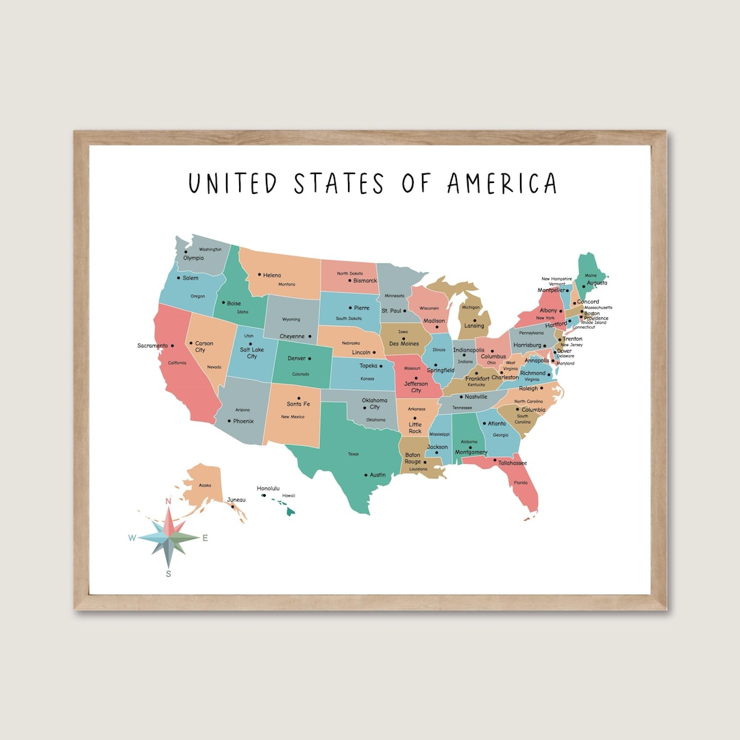 United States America Map, USA Map Wall Art for School, Educational ...