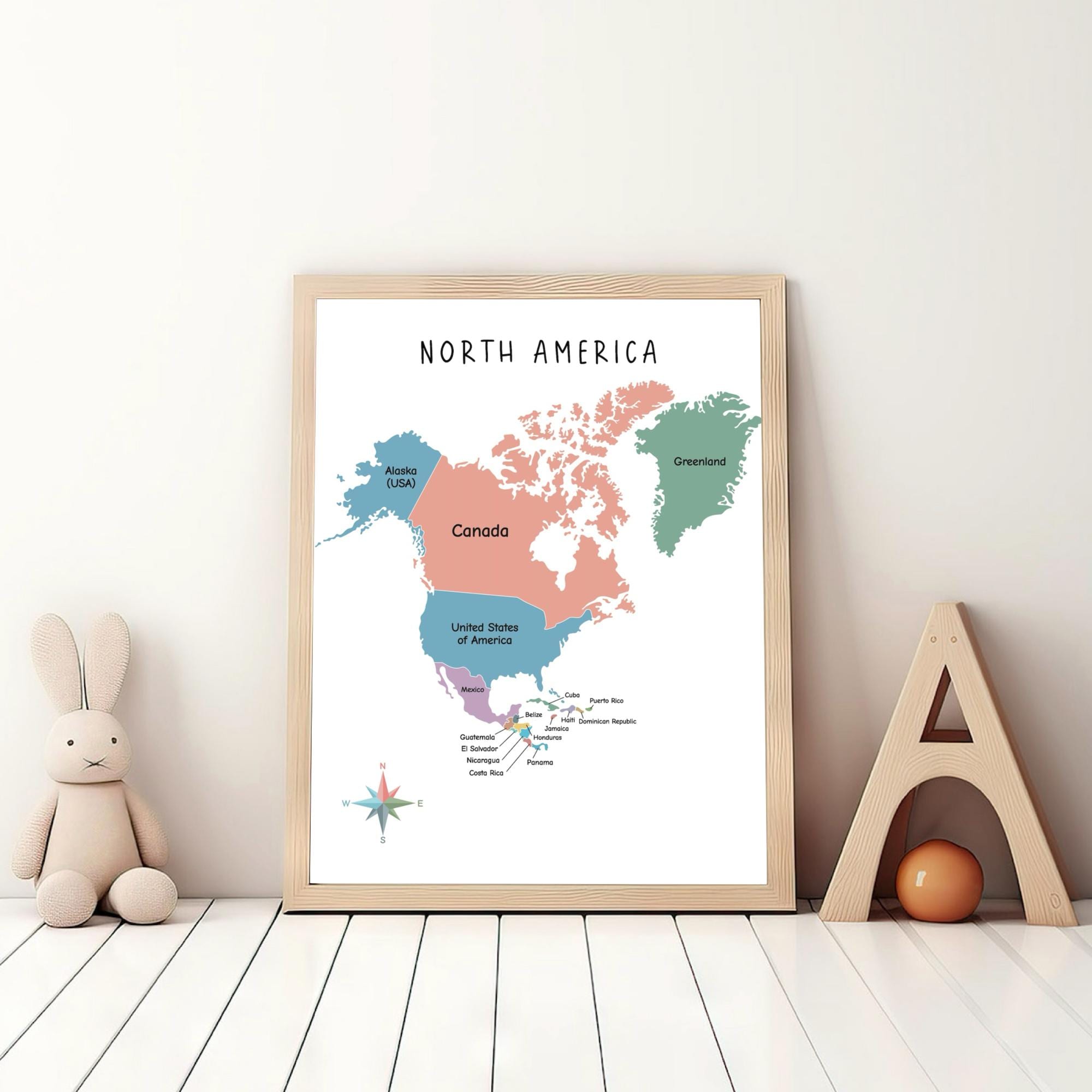 North America Map Poster, Digital North America Map Full Color With ...
