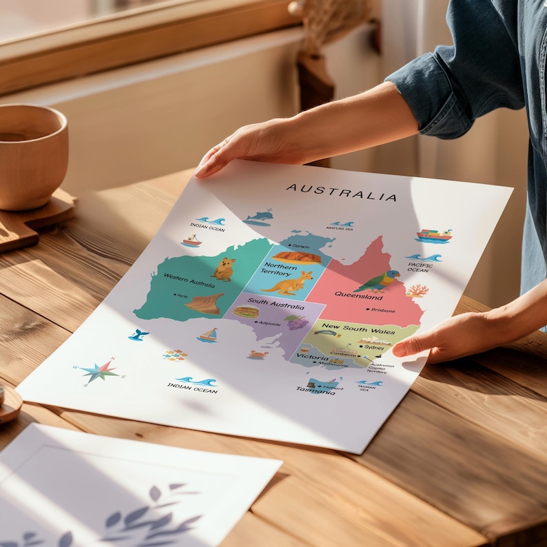 Australia Illustrated Map Printable With States and Capitals Colorful ...