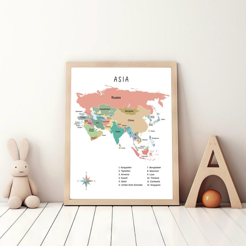 Asia Map Poster, Digital Asia Map Full Color With States Printable ...