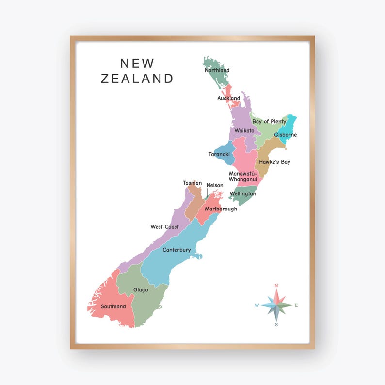New Zealand Map With Regions, Colorful New Zealand Political Map Poster ...
