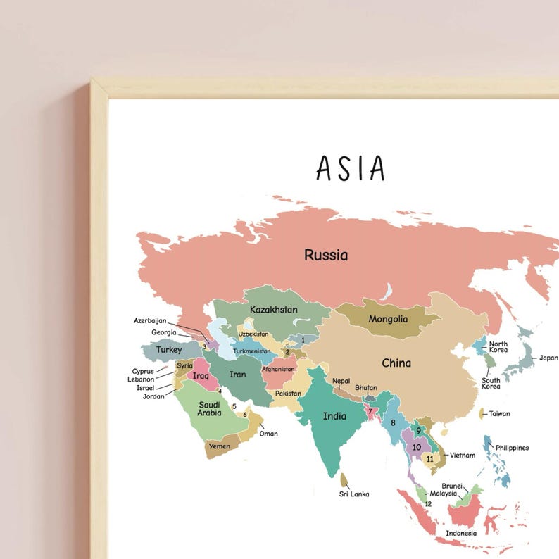 Asia Map Poster, Digital Asia Map Full Color With States Printable ...