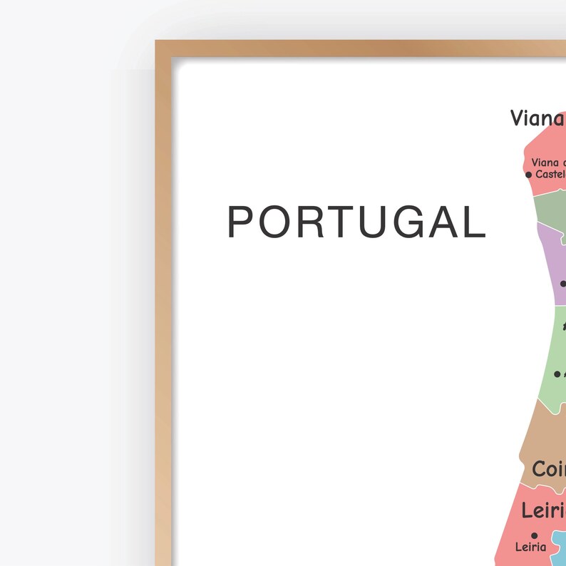 Mapa de Portugal com Regiões e Cidades - Pôster Geográfico de Portugal ...