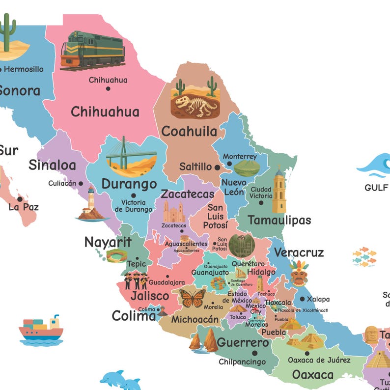 Illustrated Mexico Map With States and Landmarks, Educational Geography ...