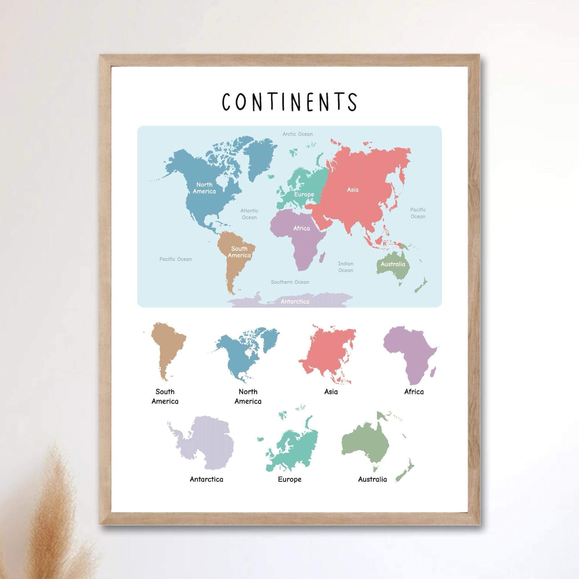 Continents Poster, Montessori Colored Continent Map, Geography ...
