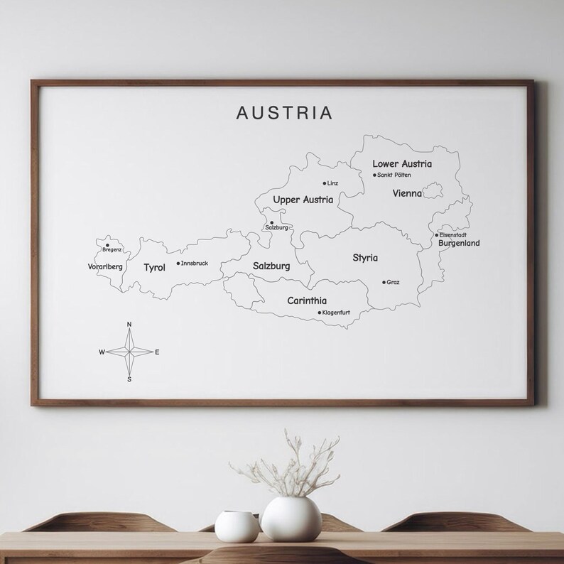 Austria Black and White Map Printable With States and Capitals ...