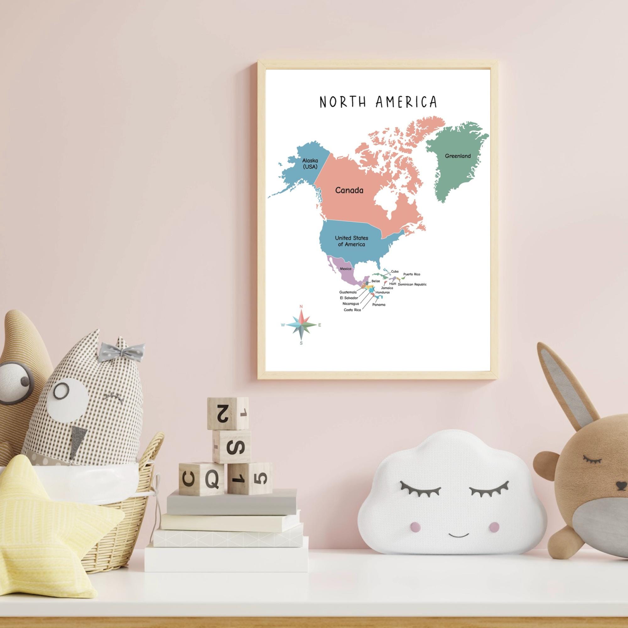 North America Map Poster, Digital North America Map Full Color With ...